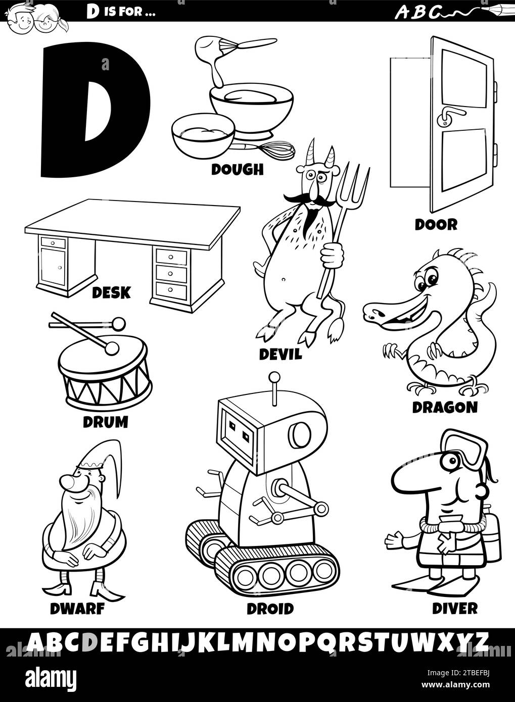 Cartoon illustration of objects and characters set for letter D ...