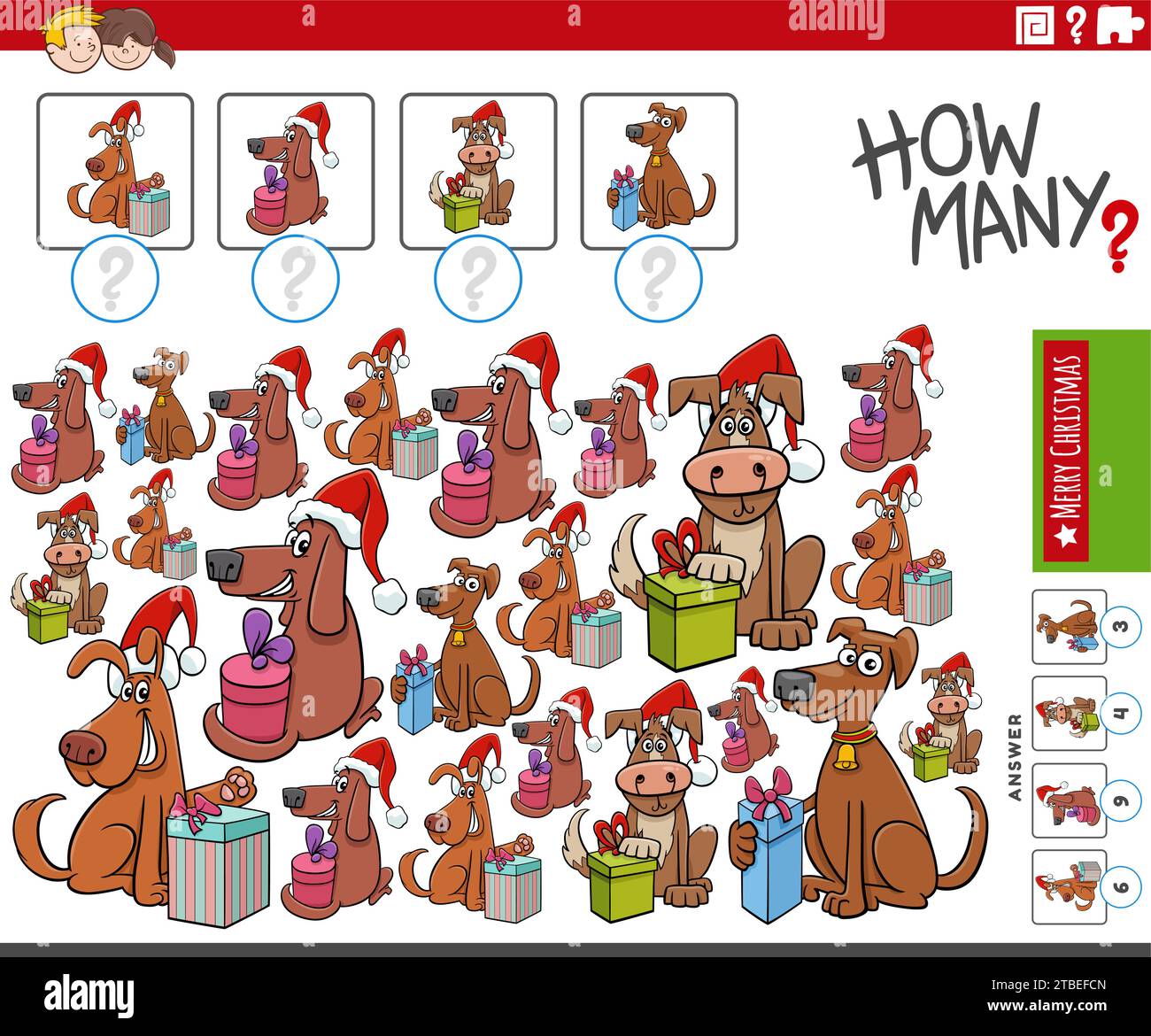 Cartoon illustration of educational counting game with comic dogs ...