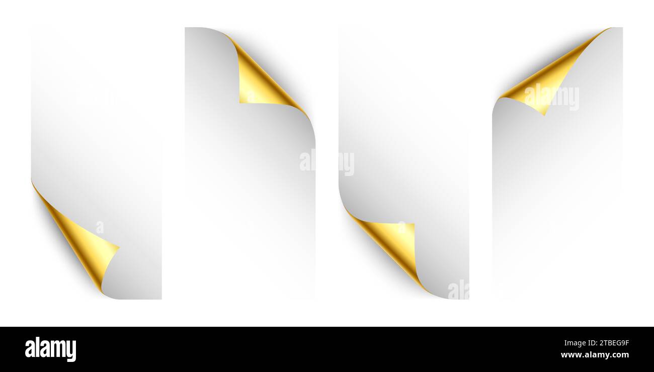 Set of golden paper curls. Curled page corner with shadow. Blank sheet ...