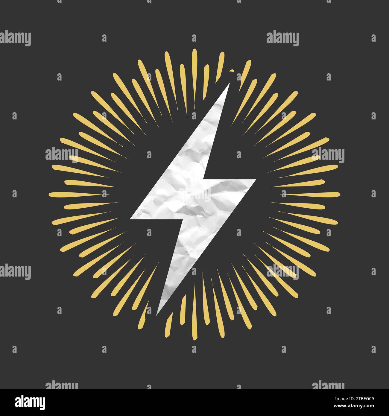 Vintage lightning bolt and sunrays. Lightnings with crumpled paper ...