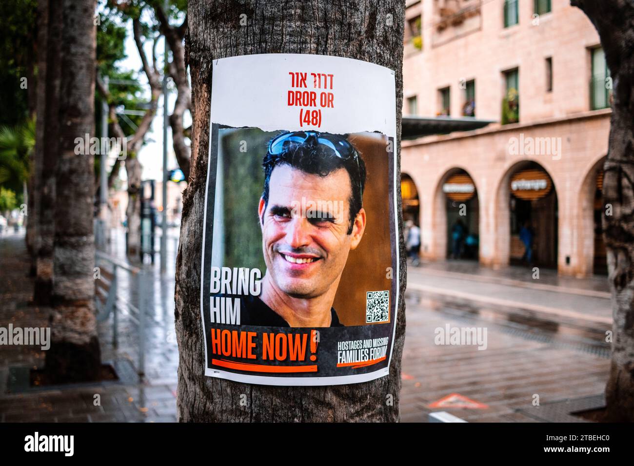 Tel Aviv, Israel - December 6, 2023 Posters of the face of the hostages ...