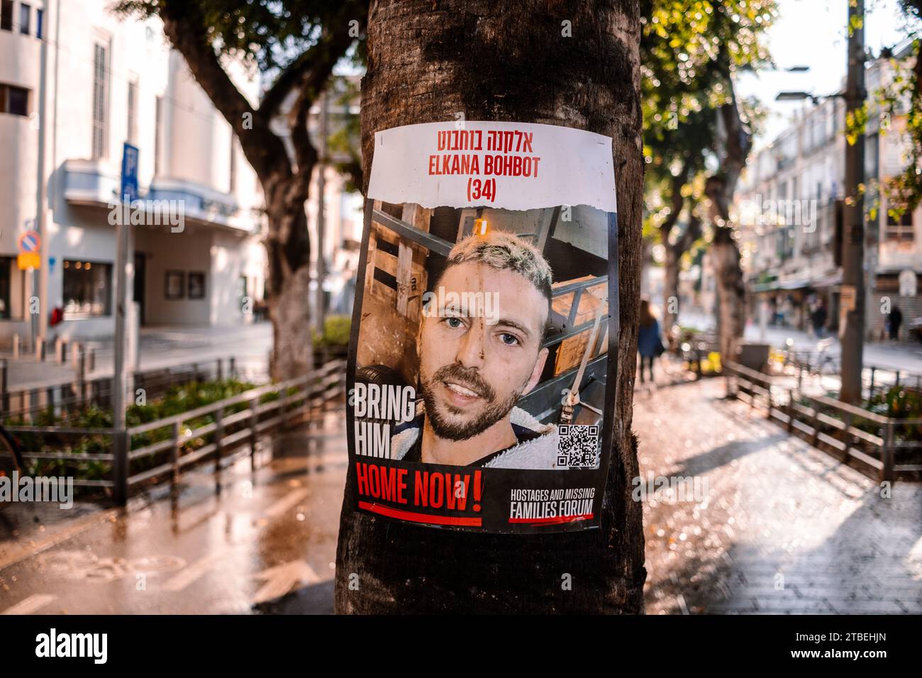 Tel Aviv, Israel - December 6, 2023 Posters of the face of the hostages ...