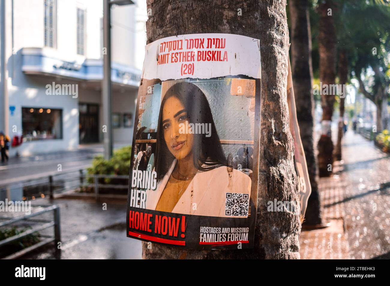 Tel Aviv, Israel - December 6, 2023 Posters of the face of the hostages ...