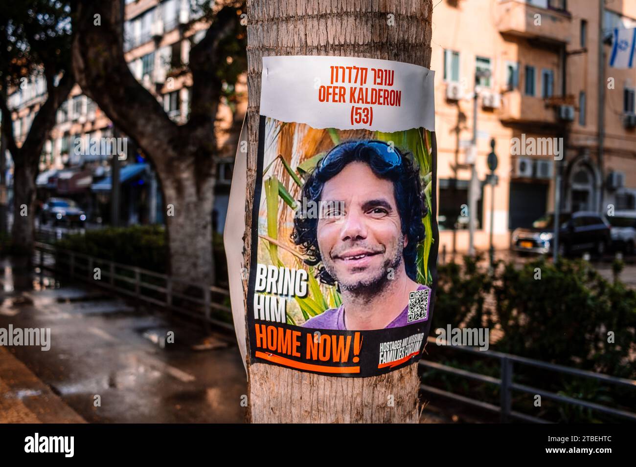 Tel Aviv, Israel - December 6, 2023 Posters of the face of the hostages ...