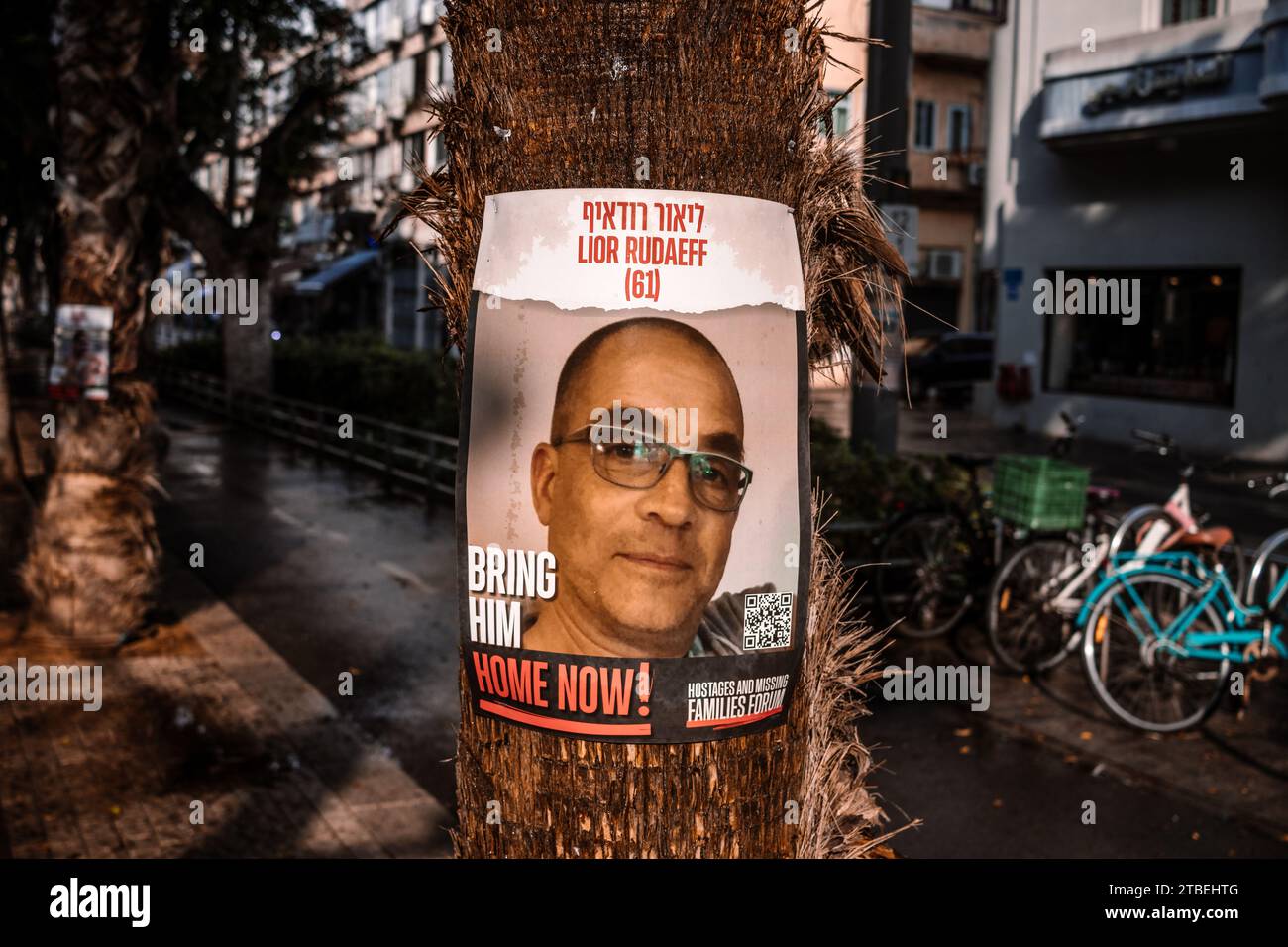 Tel Aviv, Israel - December 6, 2023 Posters of the face of the hostages ...