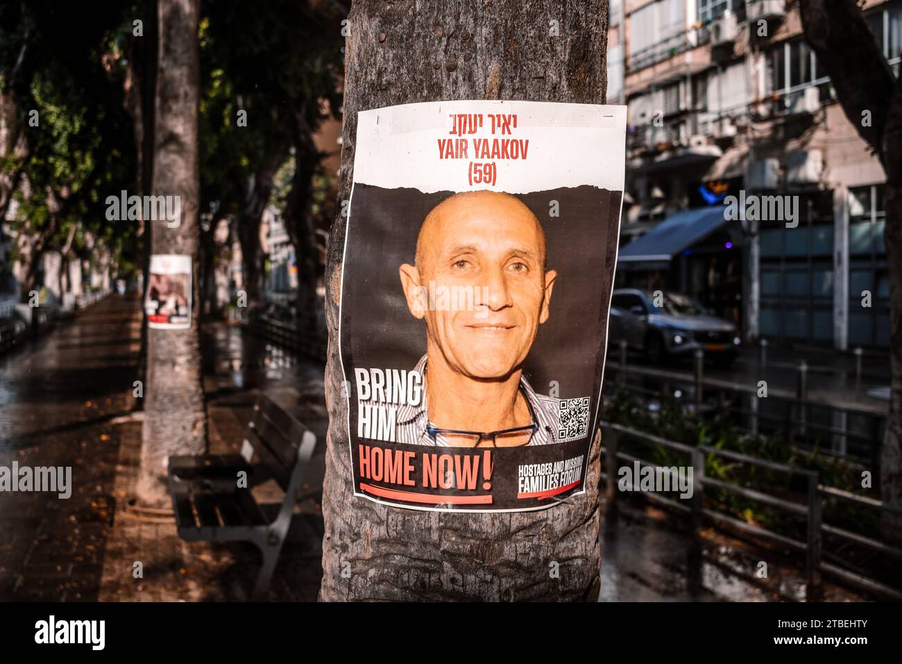 Tel Aviv, Israel - December 6, 2023 Posters of the face of the hostages ...
