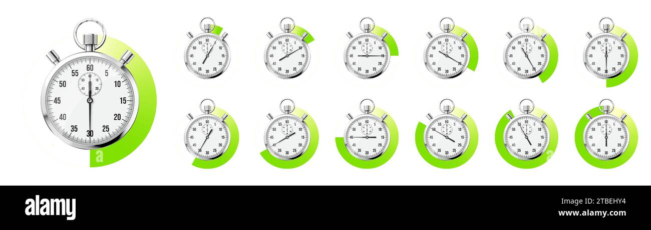 Realistic classic stopwatch. Shiny metal chronometer, time counter with ...