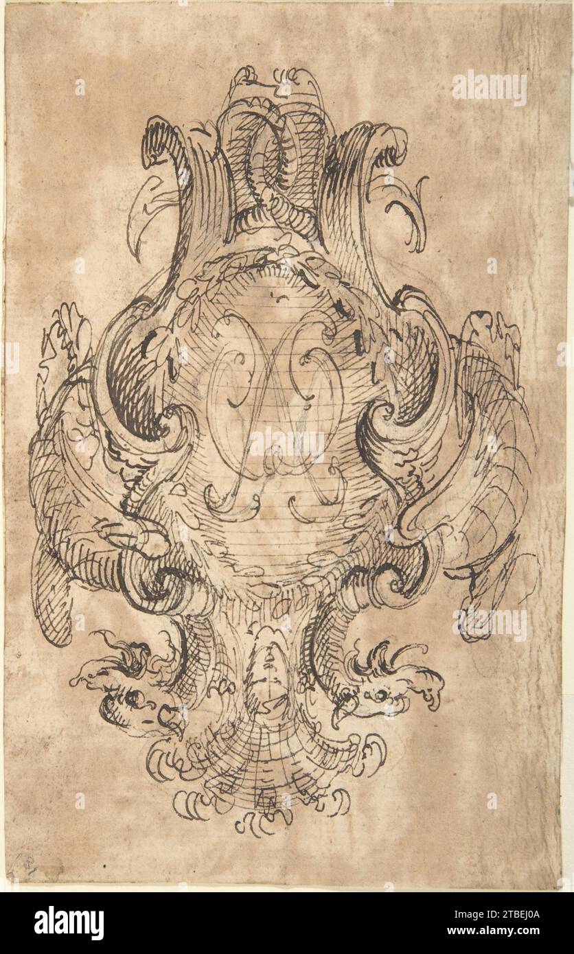 Design for a Coat of Arms with Two Dragons and Initials [?] in center ...