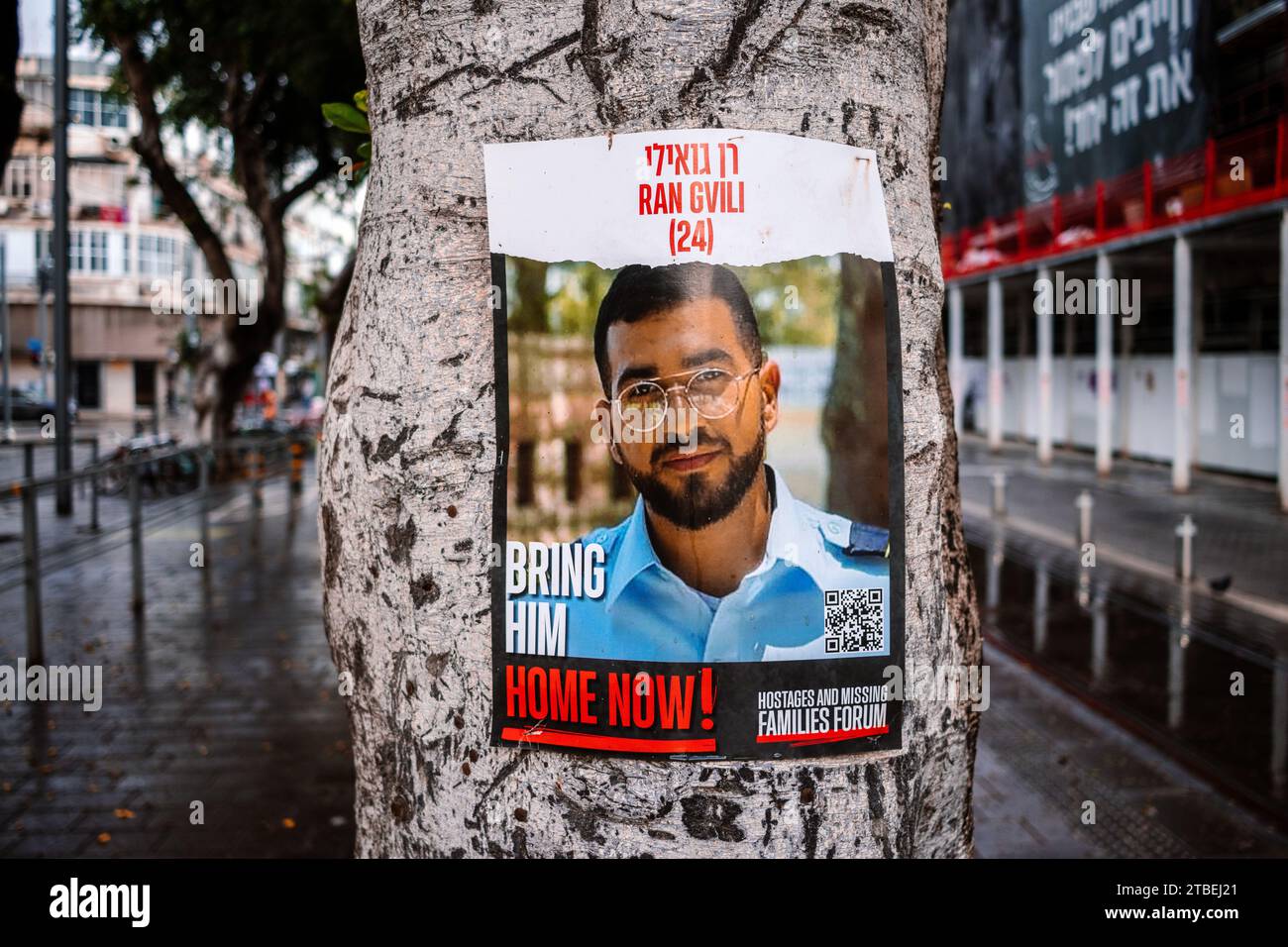 Tel Aviv, Israel - December 6, 2023 Posters of the face of the hostages ...