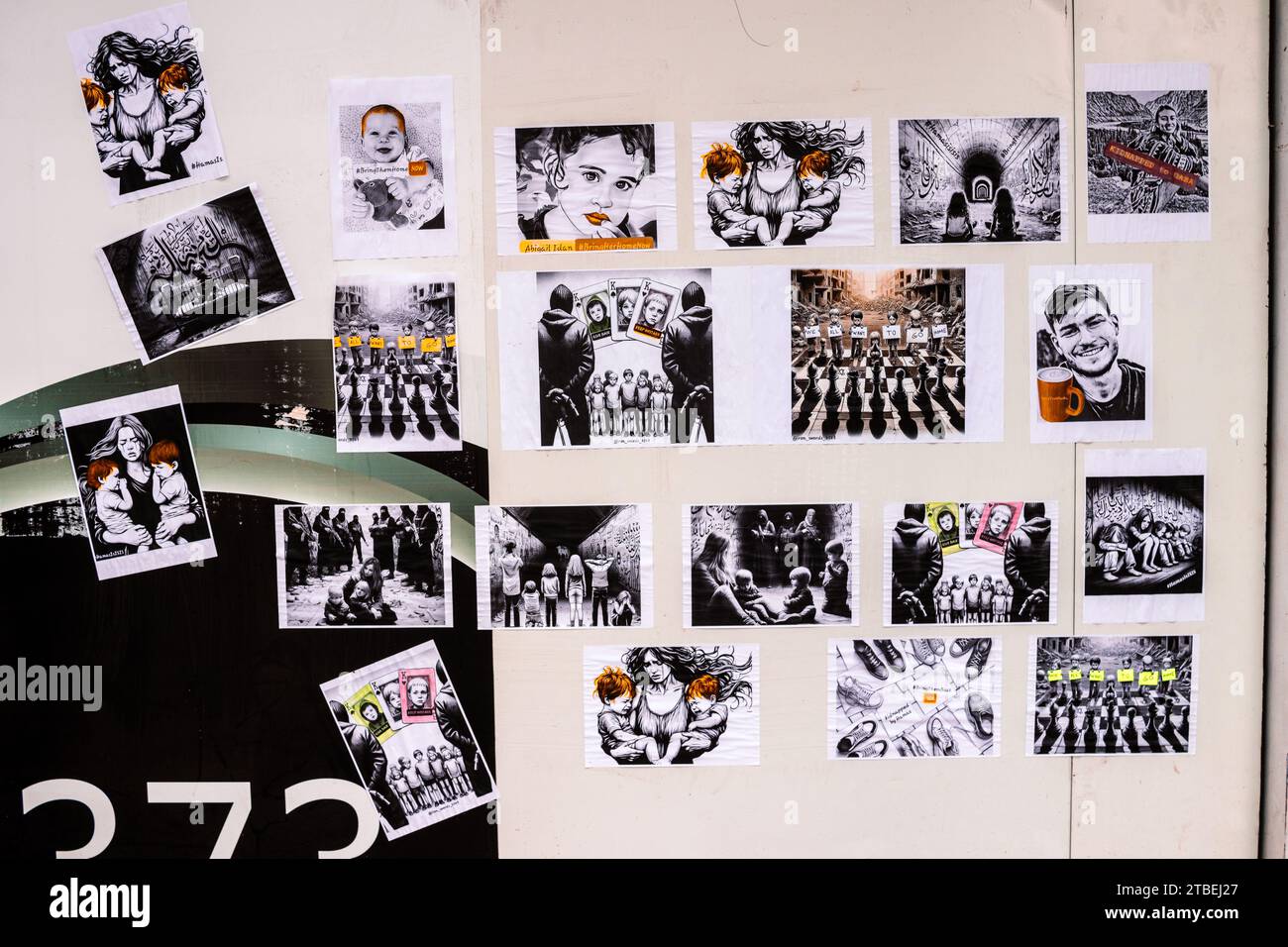 Tel Aviv, Israel - December 6, 2023 Posters of the face of the hostages ...