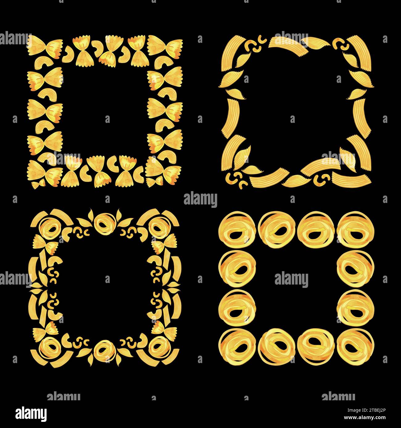 A set of square frames of different types of Italian pasta for ...