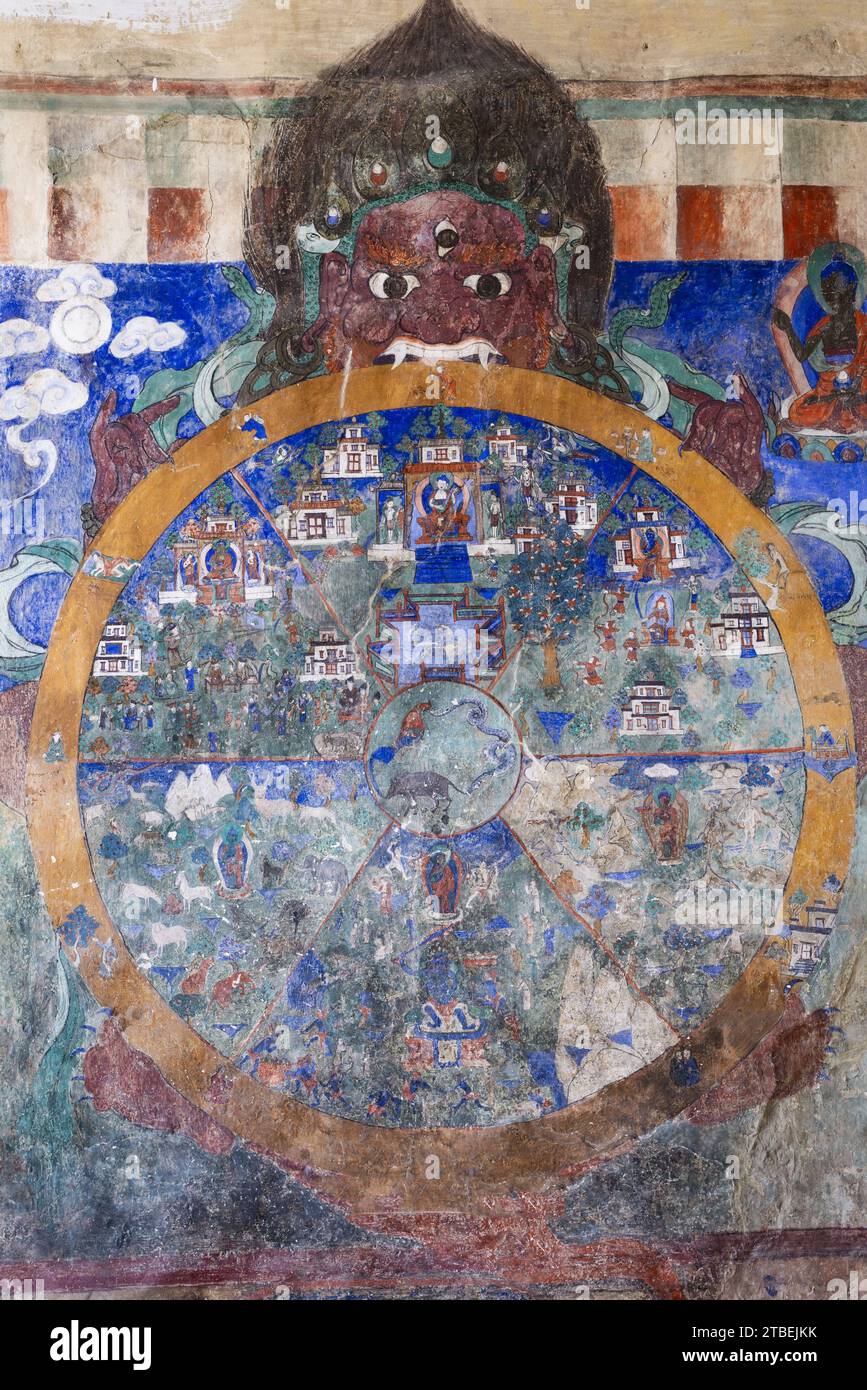 Buddhist mural, Tibetan Buddhism, death god Yama holding the wheel of ...