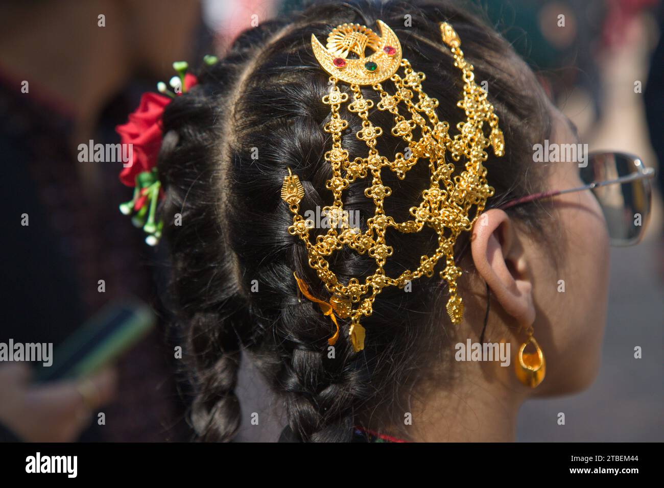 Nepal, Kathmandu, Tihar Festival, people, woman, hair decoration Stock ...