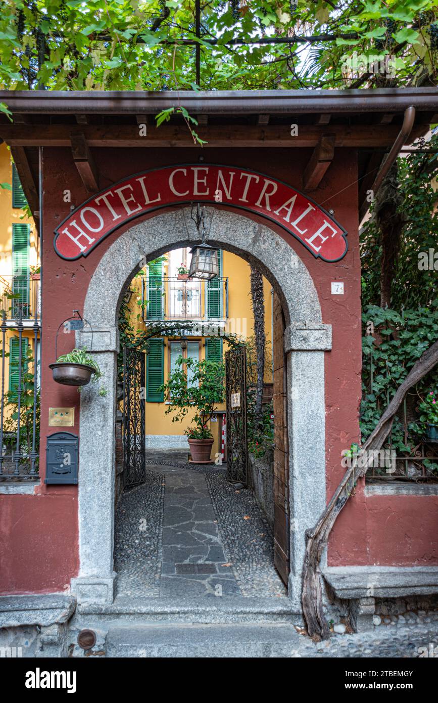 Front archway entrance to Hotel Centrale in Bellagio, Italy Stock Photo ...