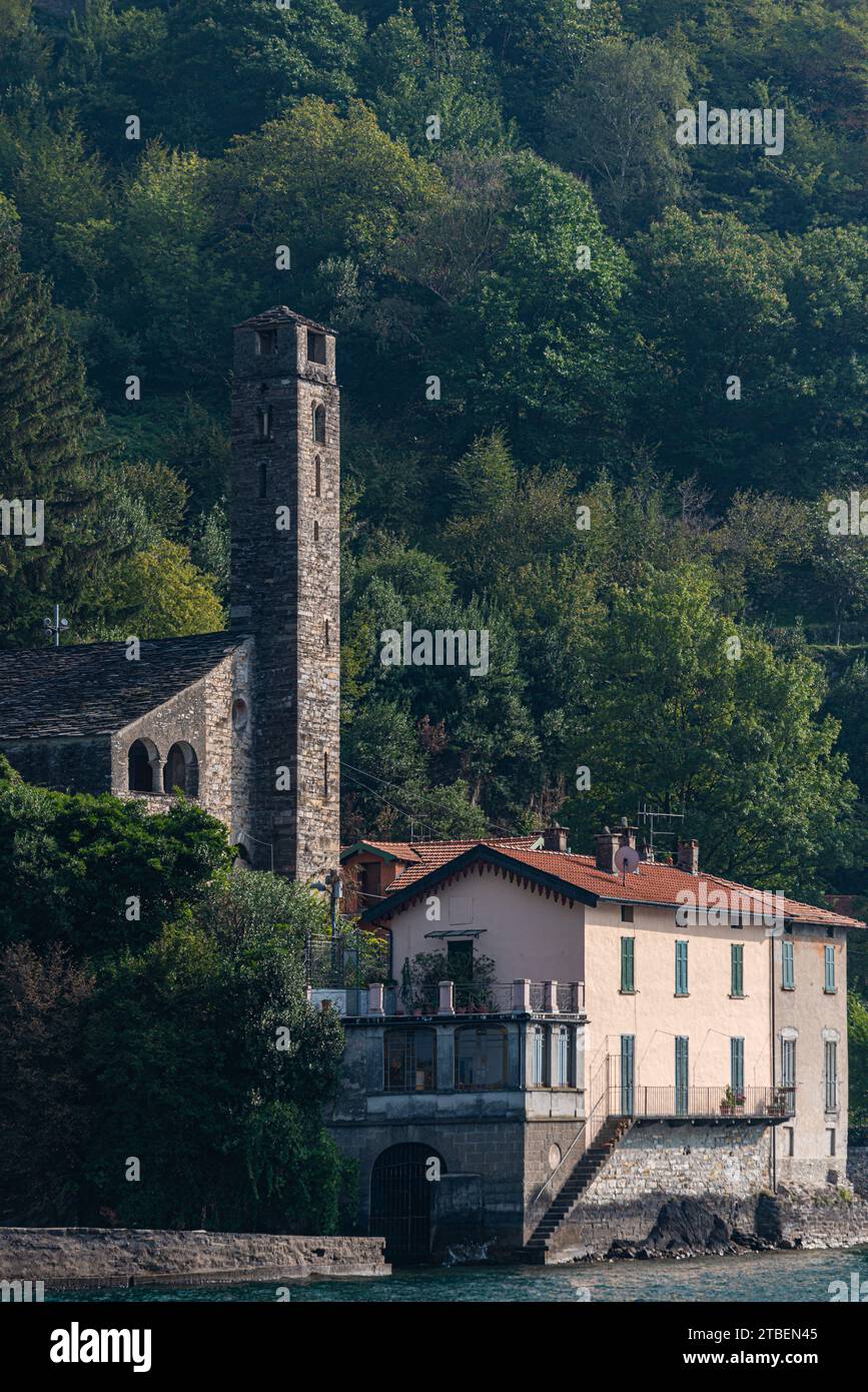Lake Como residence with tower photographed from out in Lake Como Stock ...
