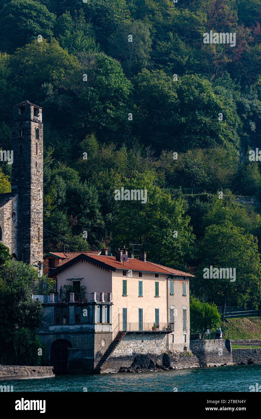 Lake Como residence with tower photographed from out in Lake Como Stock ...