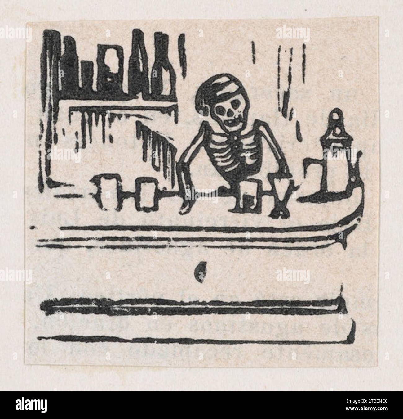 A skeleton serving alcohol, from a broadside enitled 'Medicinas de ...