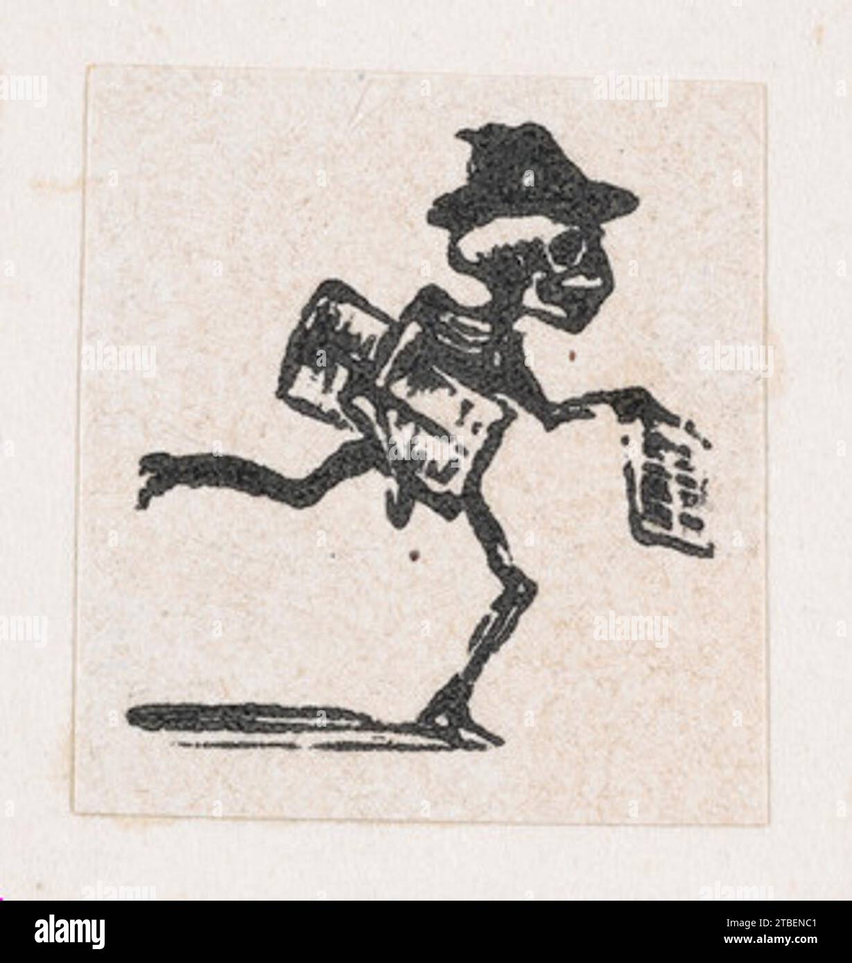 A skeleton wearing a hat, holding newspapers and running 1930 by Jose ...