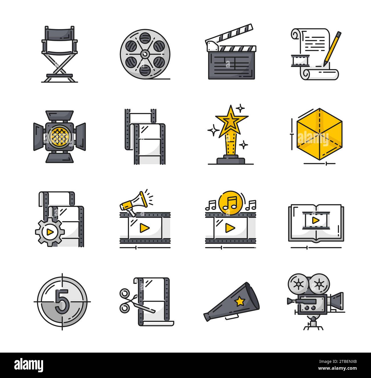 Movie, video production and cinema vintage icons. Filmmaking industry ...