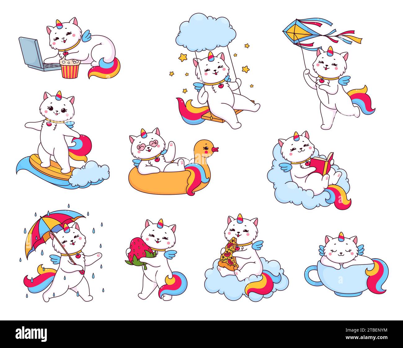 Cute cartoon caticorn characters, funny cat unicorn with rainbow ...
