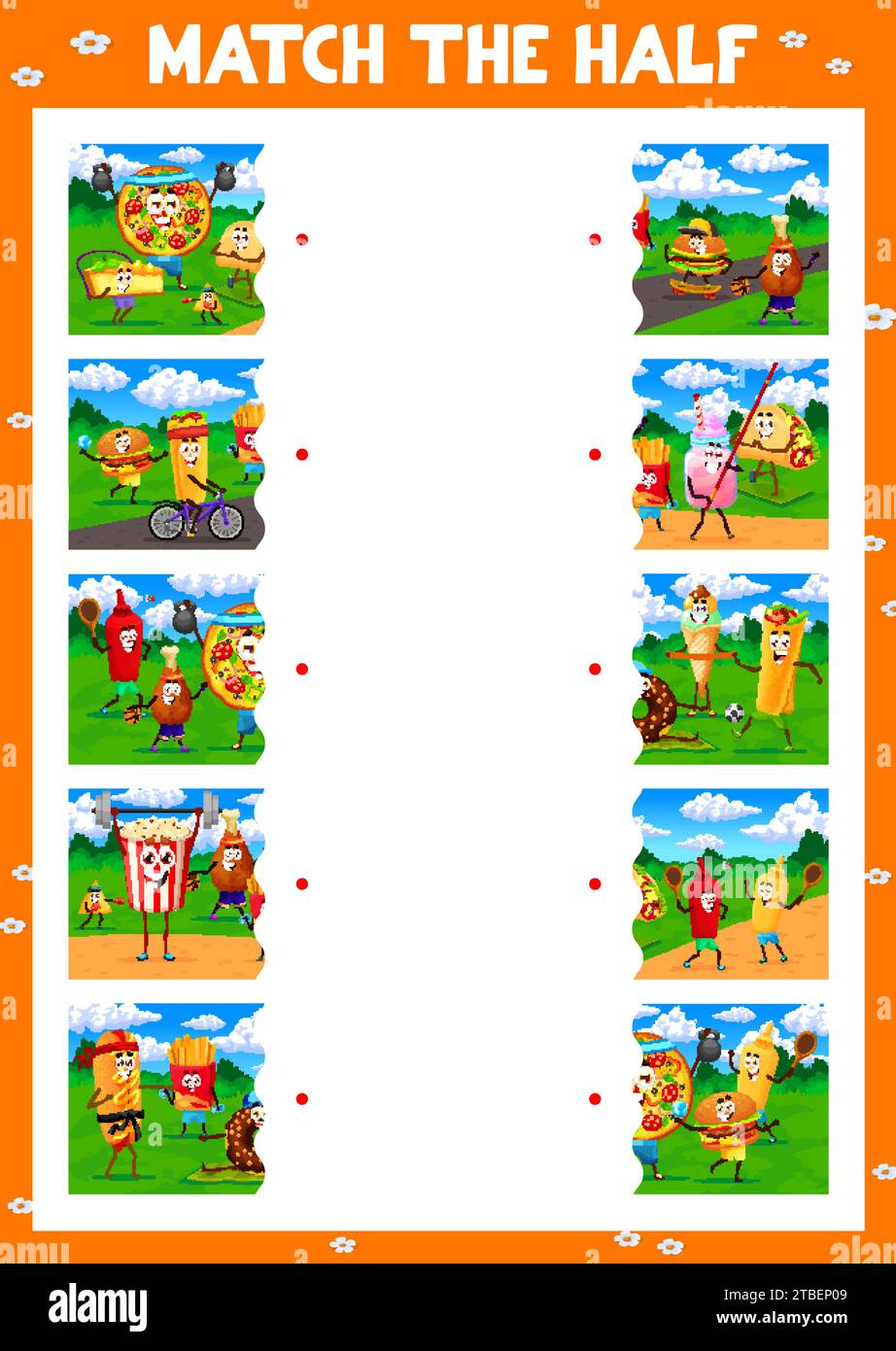 Match the half of cartoon fast food characters on sport vacation ...