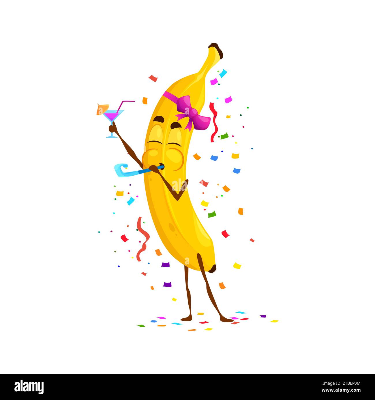 Cartoon cheerful banana fruit character on birthday party, anniversary holiday celebration ...