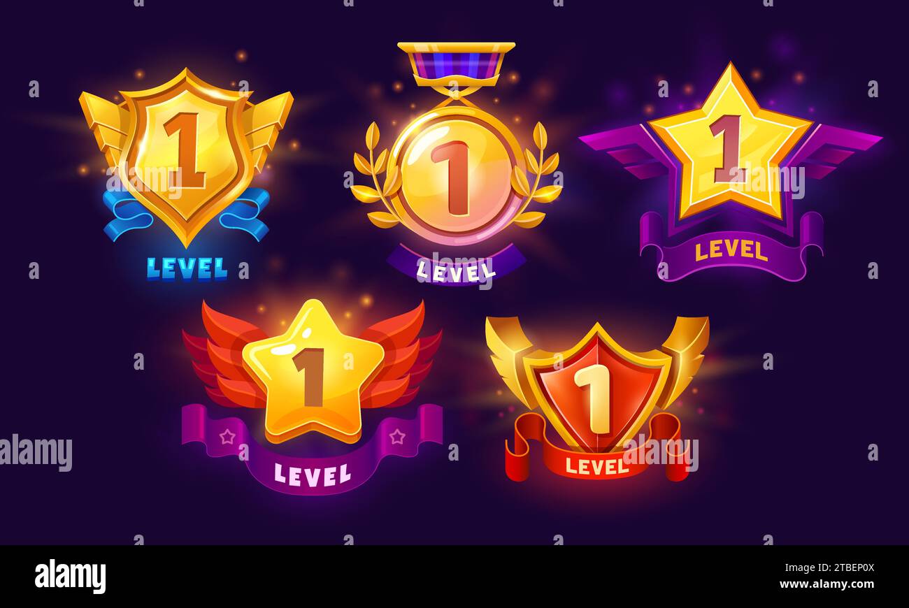 Game level up badges, award icons. Cartoon vector online gamer reward points. Golden trophy ...