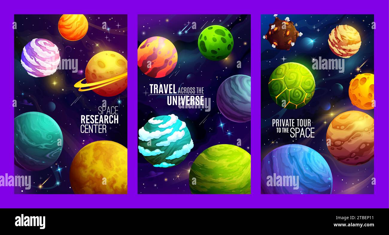 Cartoon outer space planets posters. Space adventure, galaxy research ...