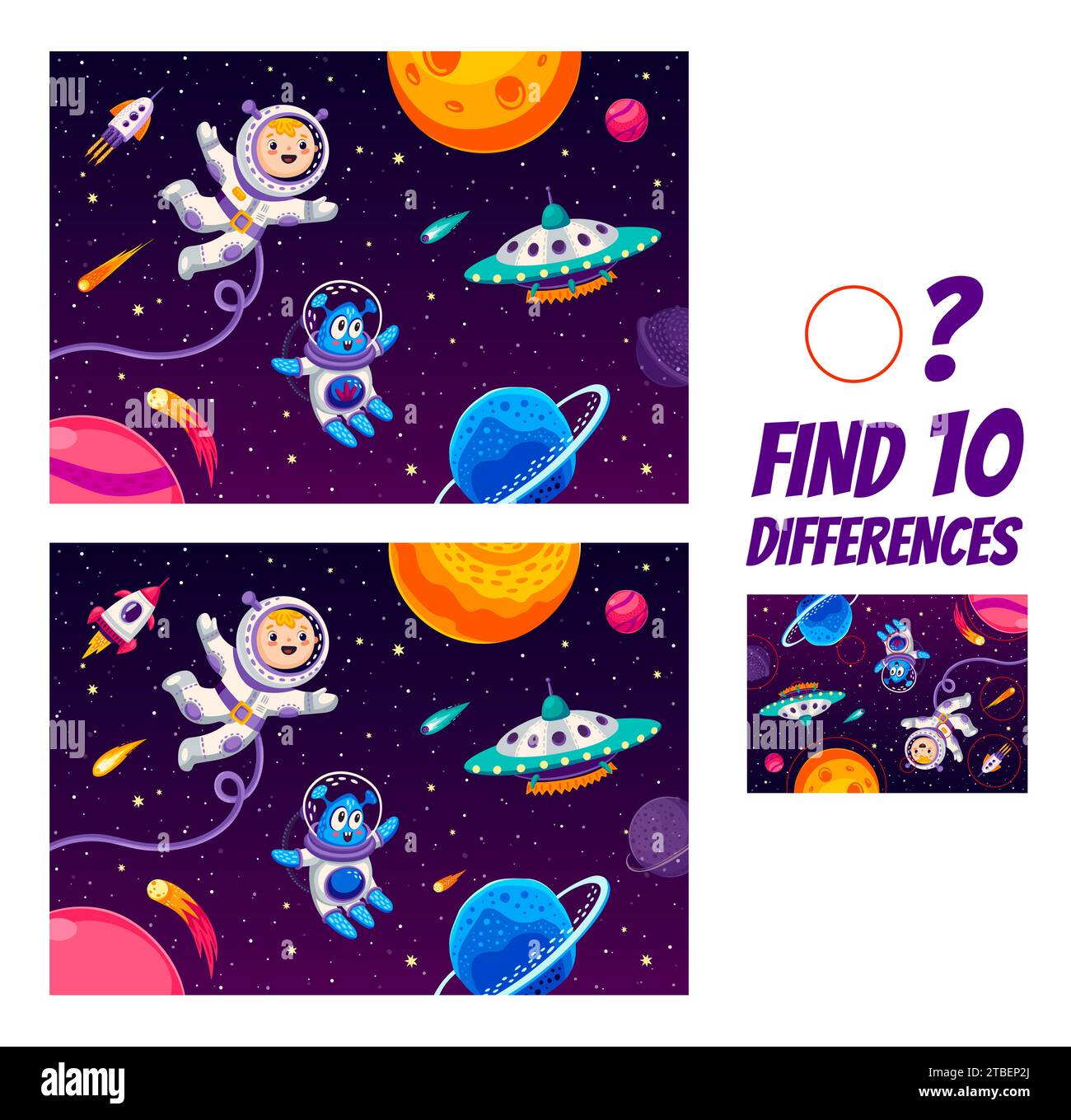 Find ten differences on space landscape. Astronaut and alien in outer ...