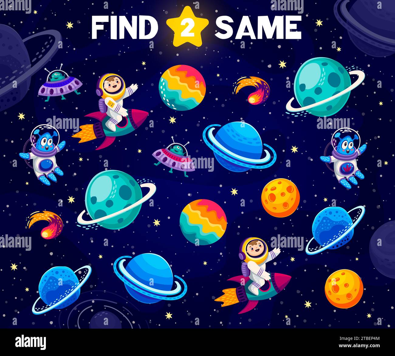 Find two same space planets, astronauts and aliens characters kids game ...