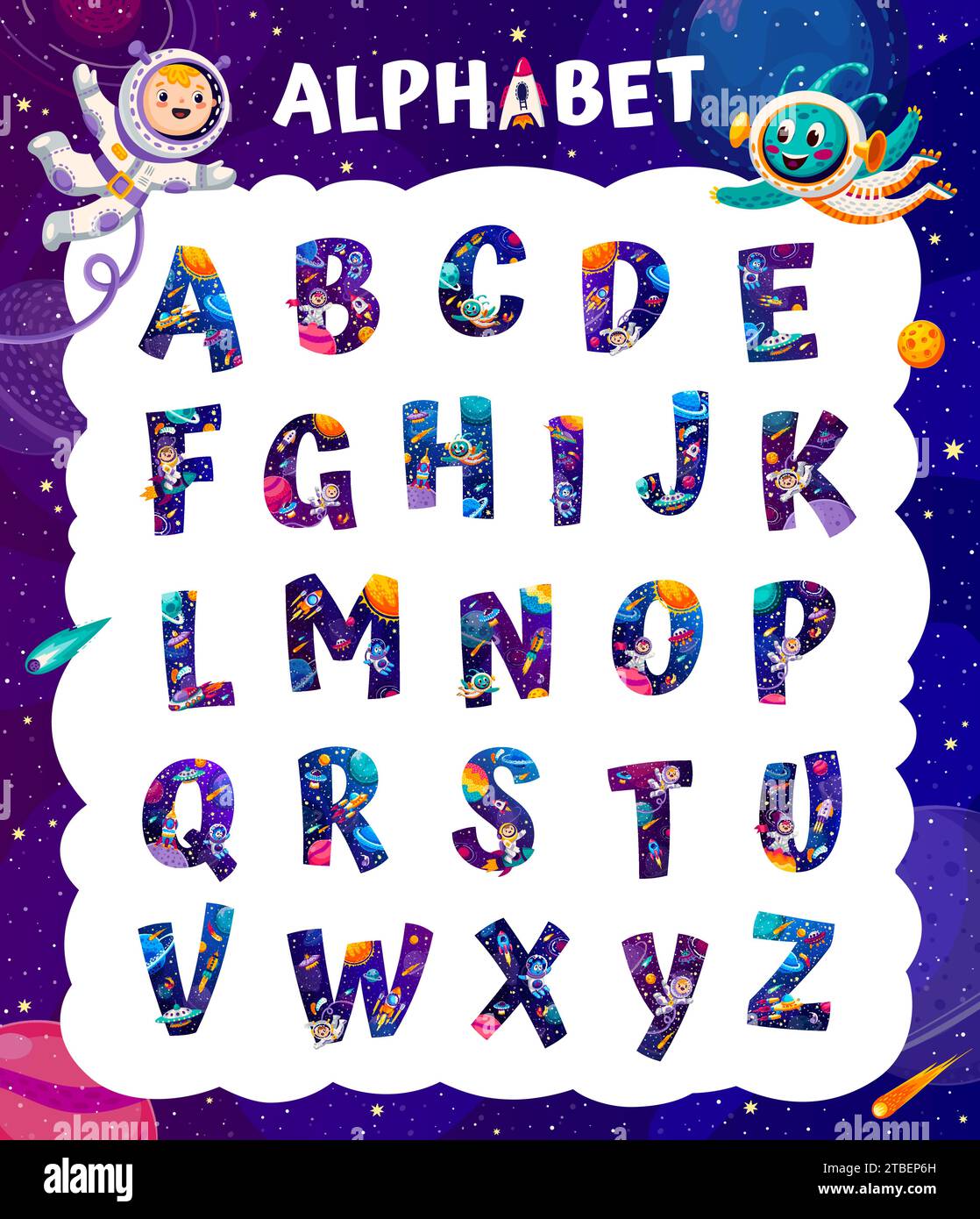 Cartoon space alphabet, galaxy font, cartoon universe typeface, starry ...