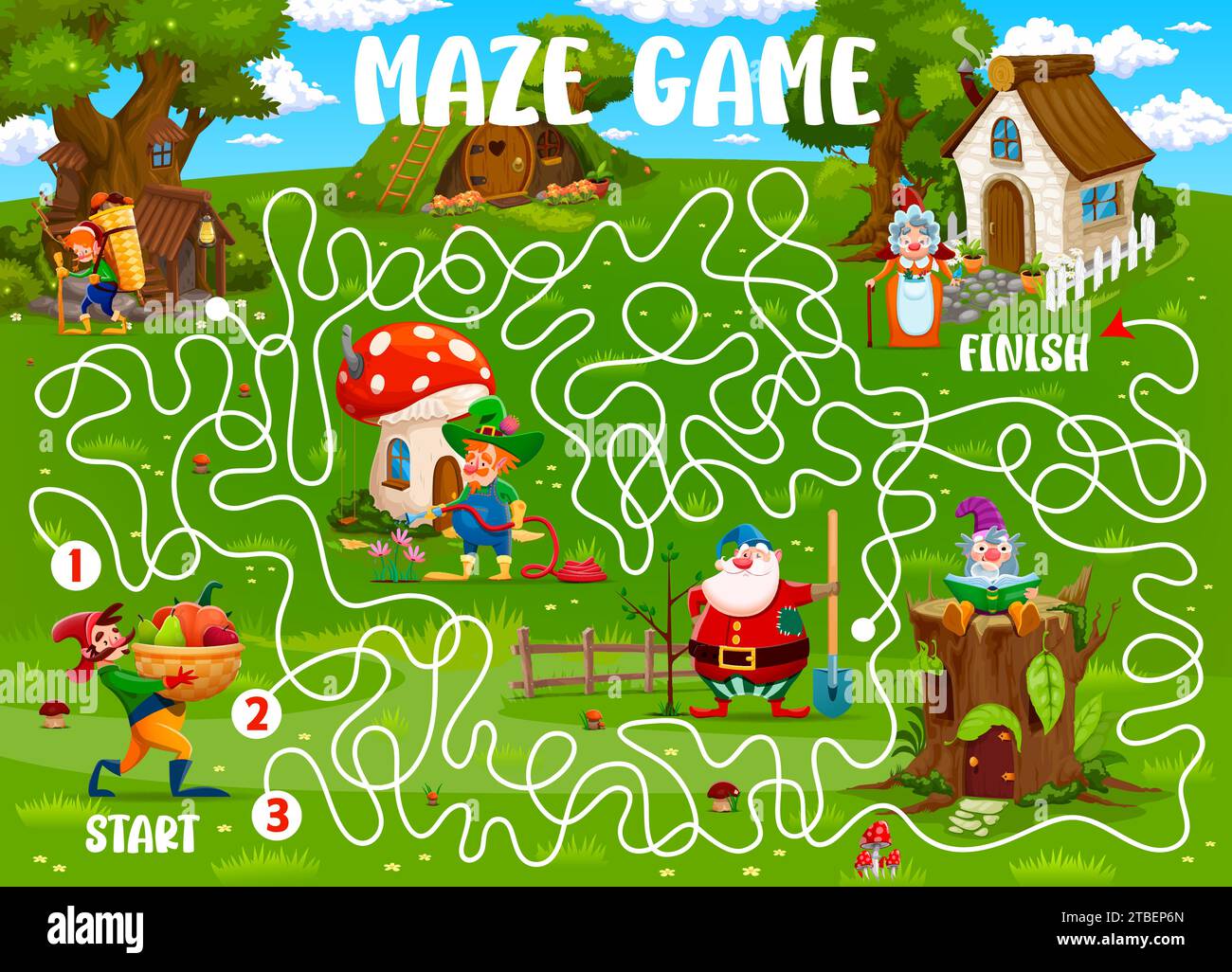 Kids labyrinth maze in cartoon gnomes fairytale village. Labyrinth quiz ...