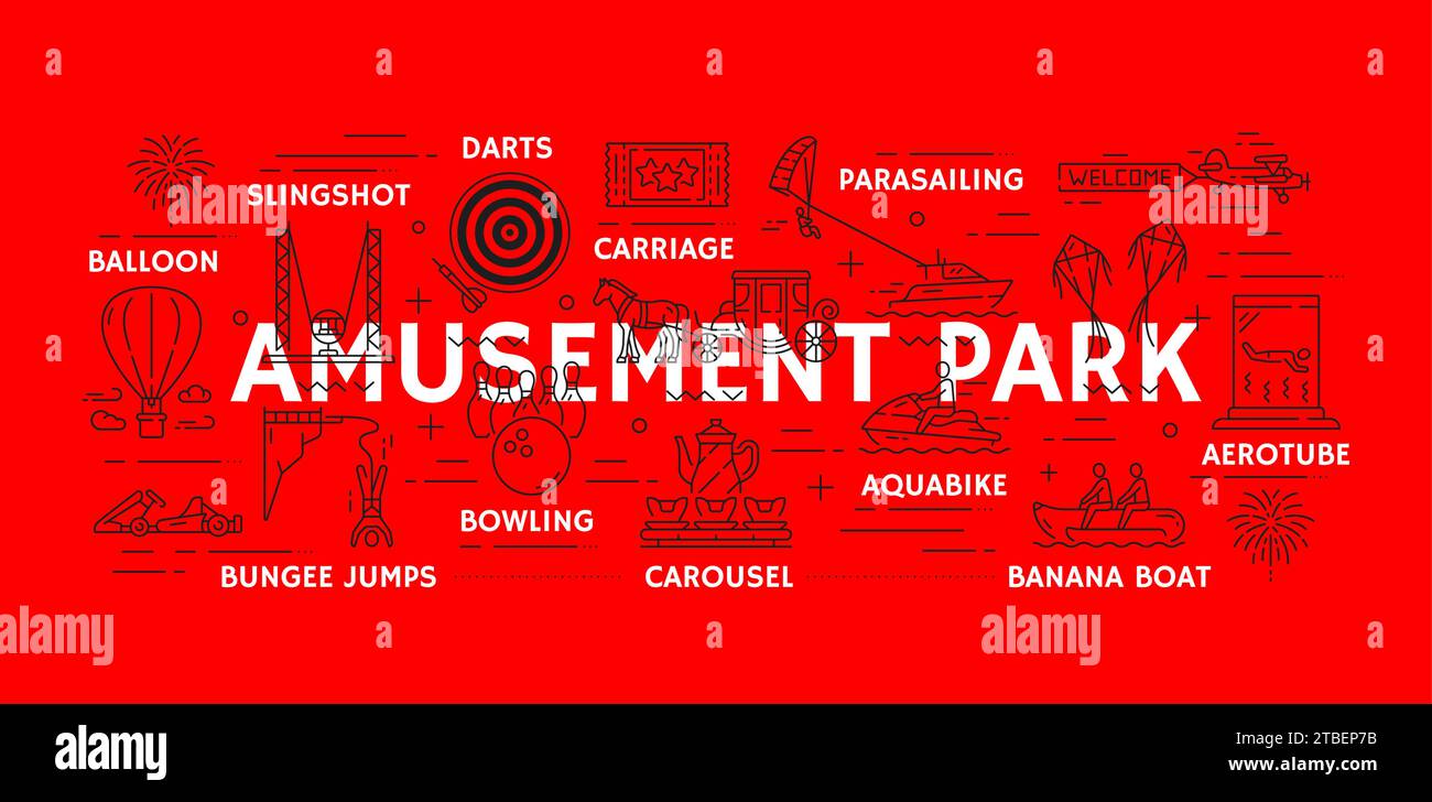 Line amusement park banner with funfair carnival rides and attractions ...