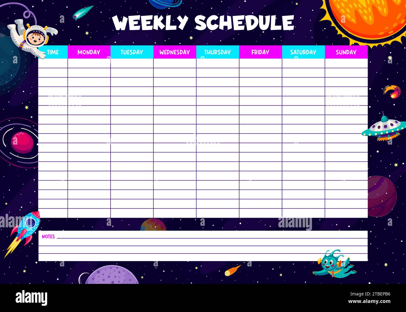 Education timetable schedule with astronaut and alien UFO in starry ...