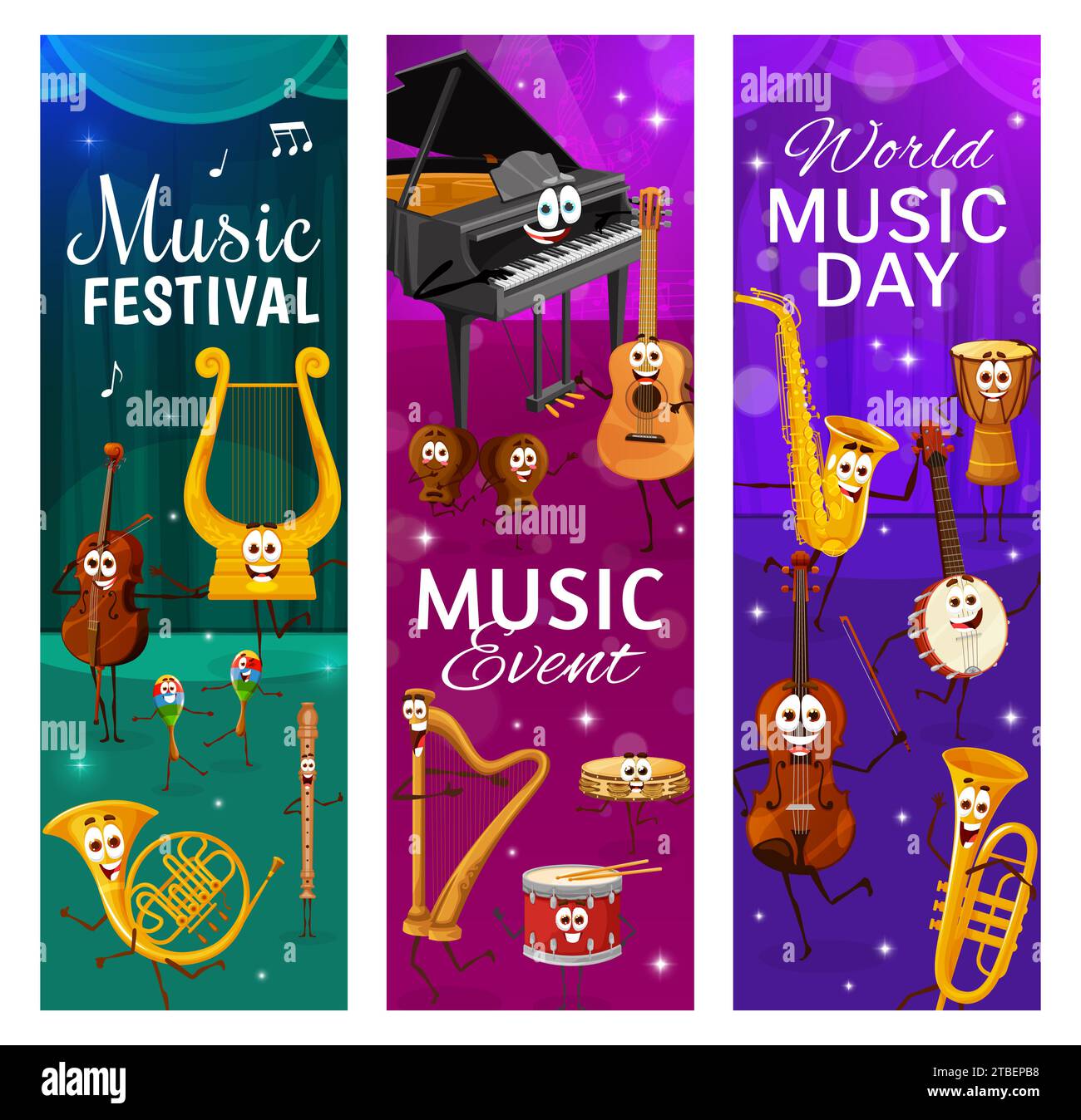 Cartoon musical instruments characters on the stage. Classic music of ...