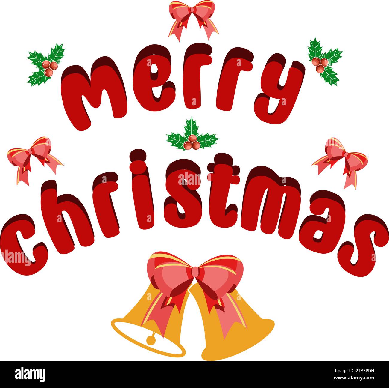 Merry Christmas text with holly berries, bows, and bells. Vector ...