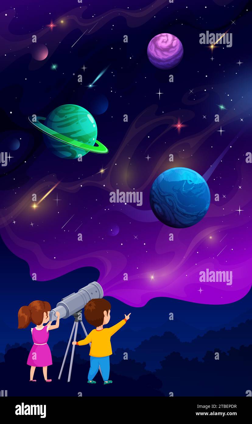 Boy and girl kids looking through telescope at night sky and space ...