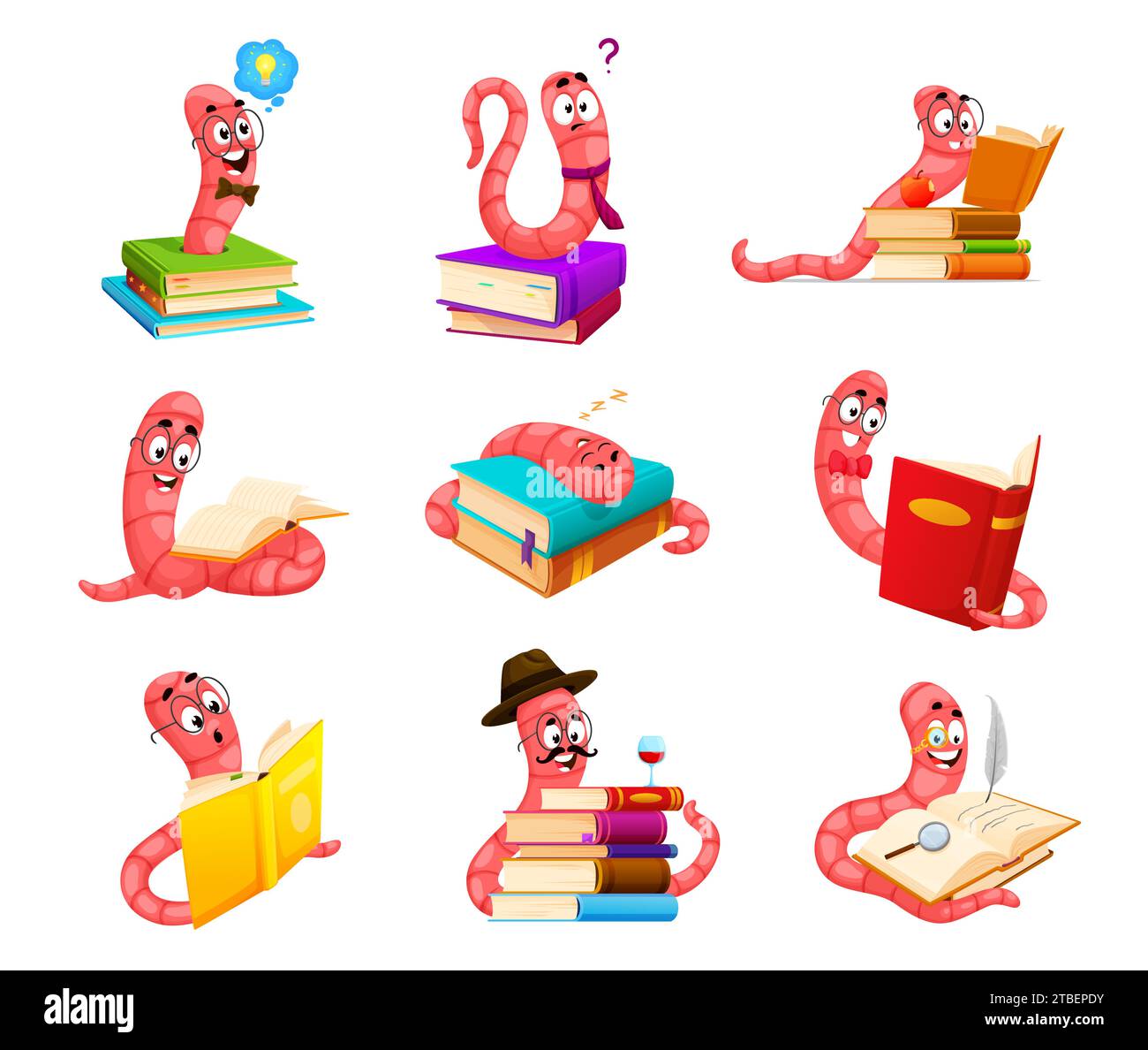 Cartoon bookworm characters. Funny cute book worm animals. Vector set ...