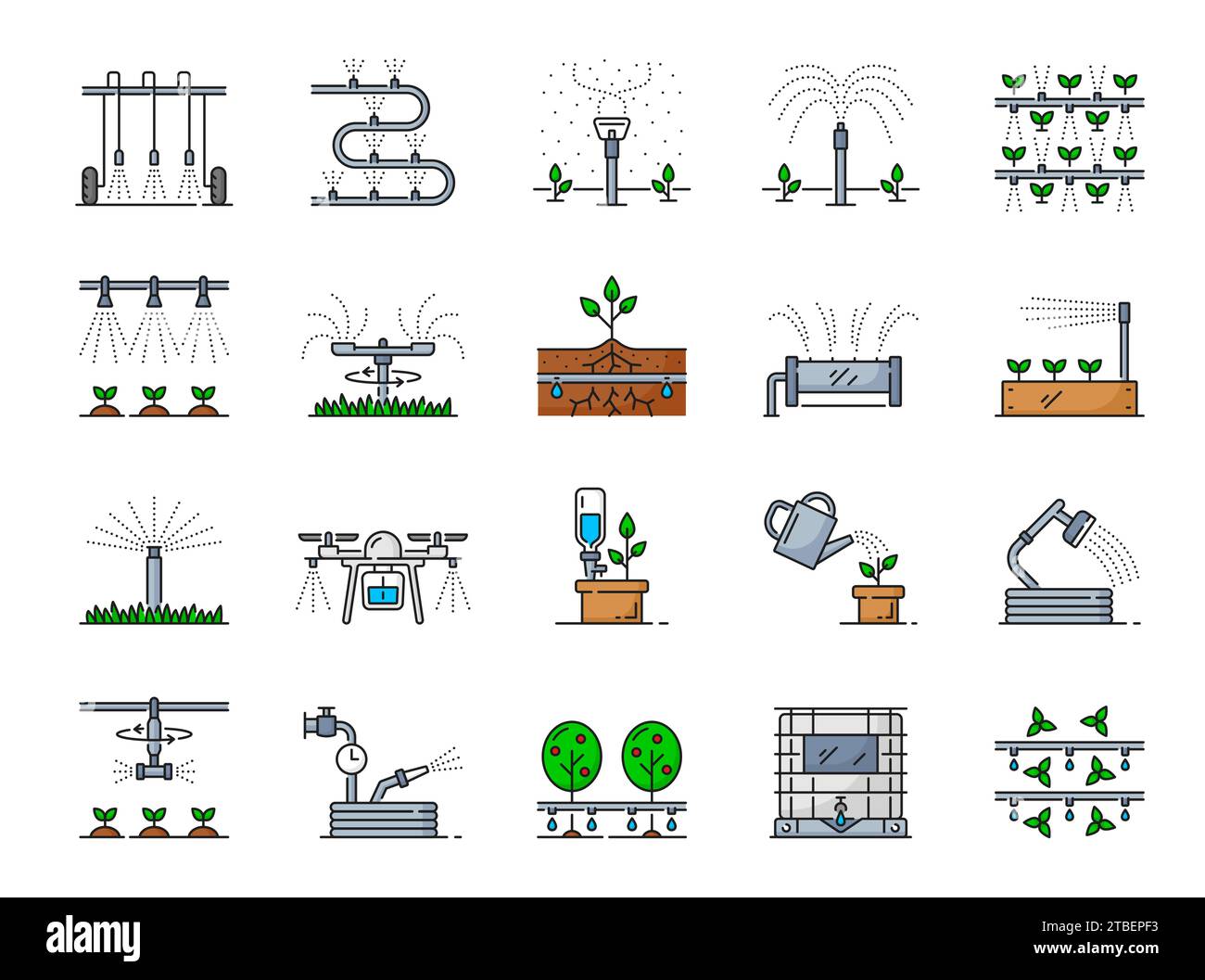 Drip water irrigation system icons. Garden and farm field sprinkler ...