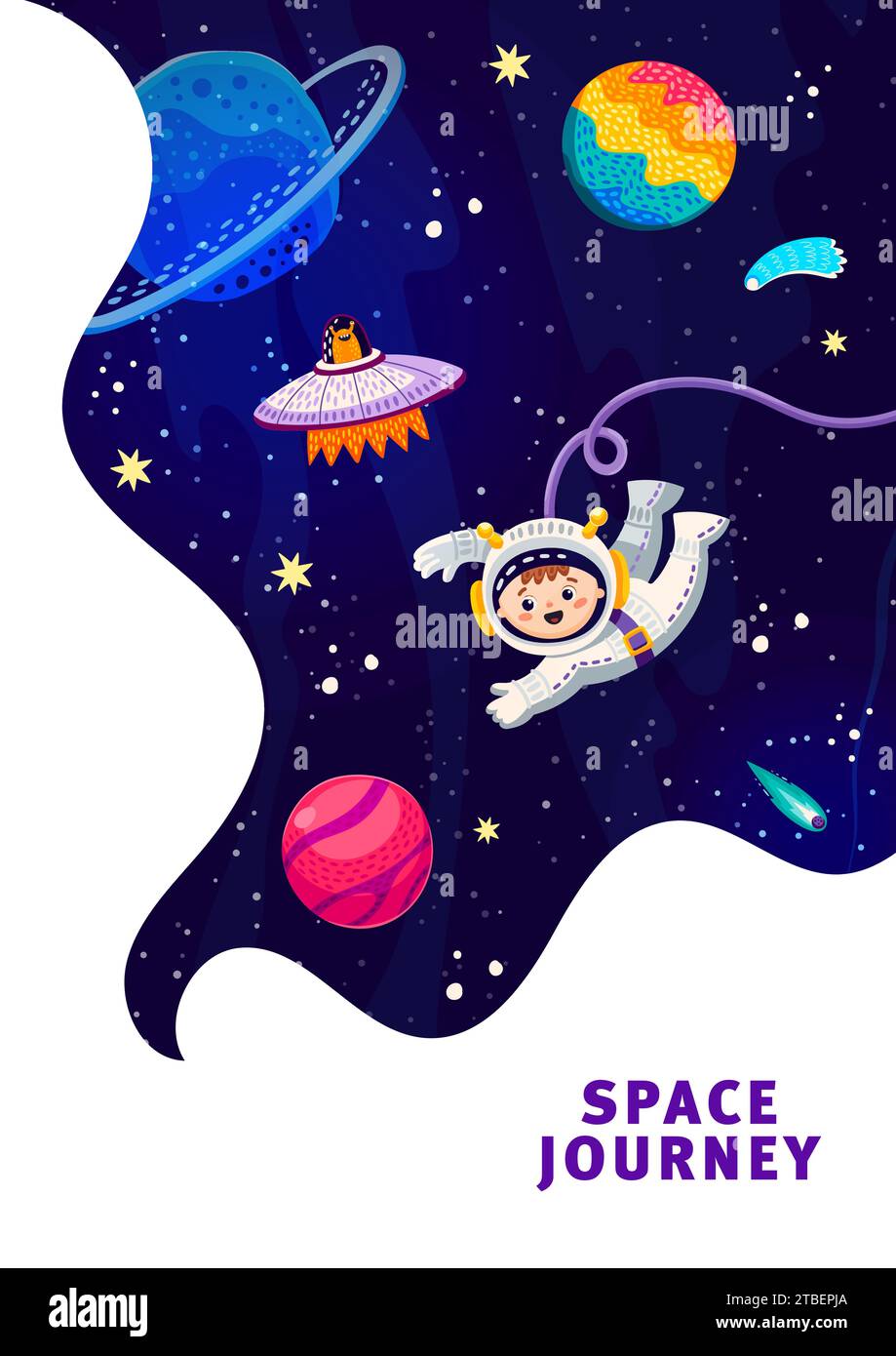 Cartoon kid spaceman in outer space flying to galaxy planets with alien ...