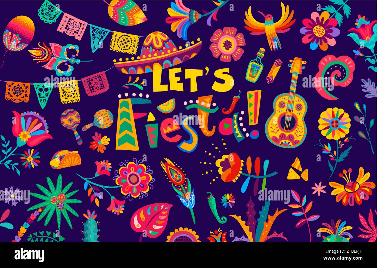Mexican fiesta party flyer or banner with tropical flowers, animals and ...