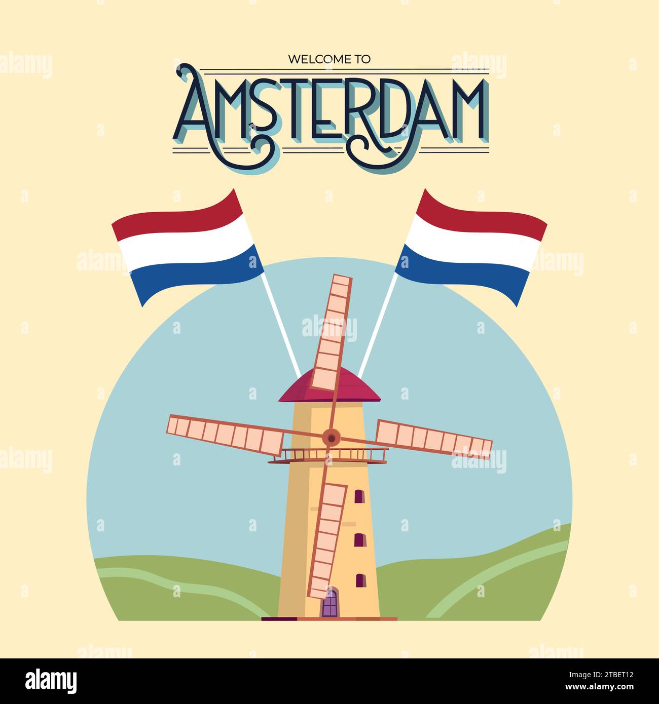 Isolated windmill landmark with pair of flags of Netherlands Vector ...