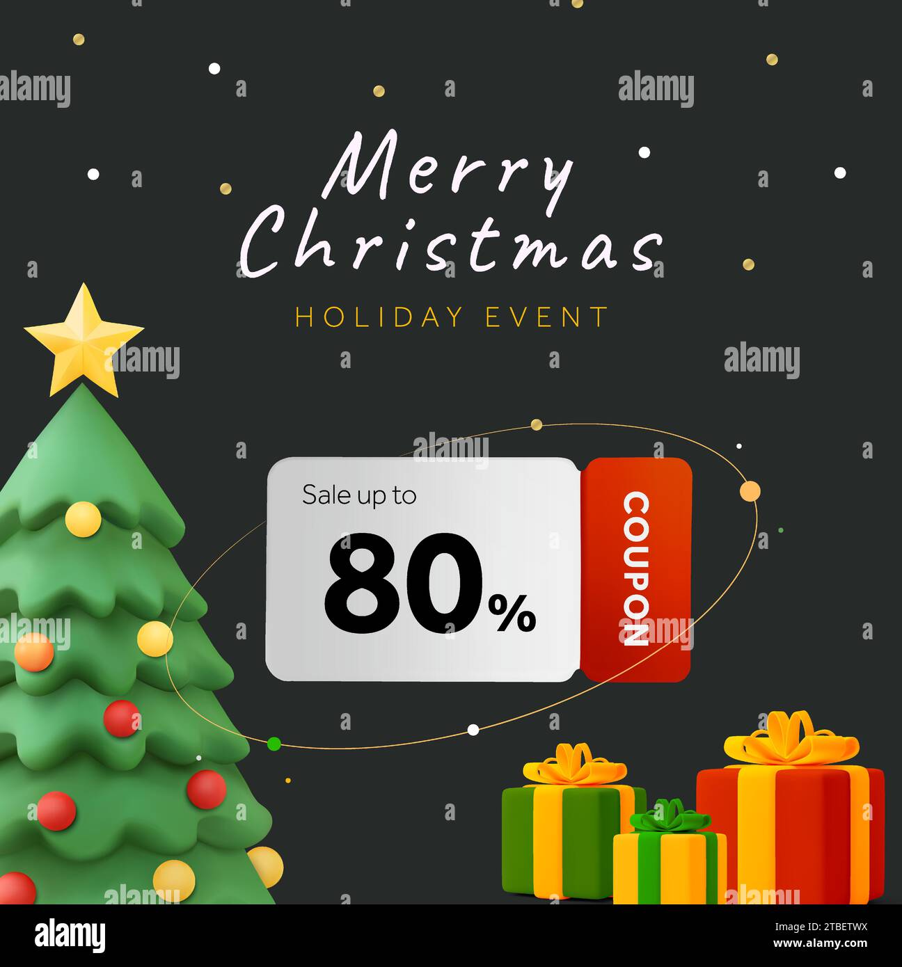 3d merry christmas coupon giveaway banner template with pine tree, gift ...