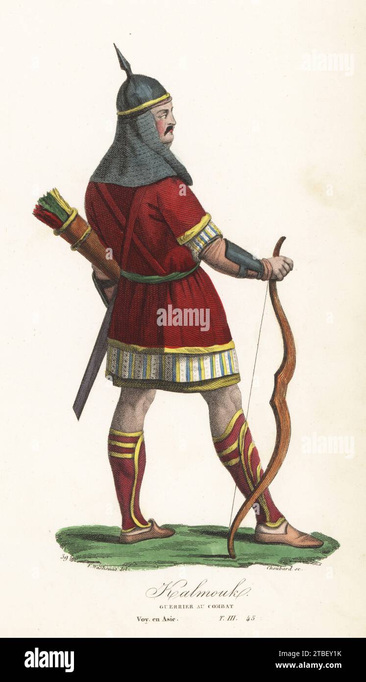 Battle costume of a Circassian warrior. In helmet with chainmail hood ...