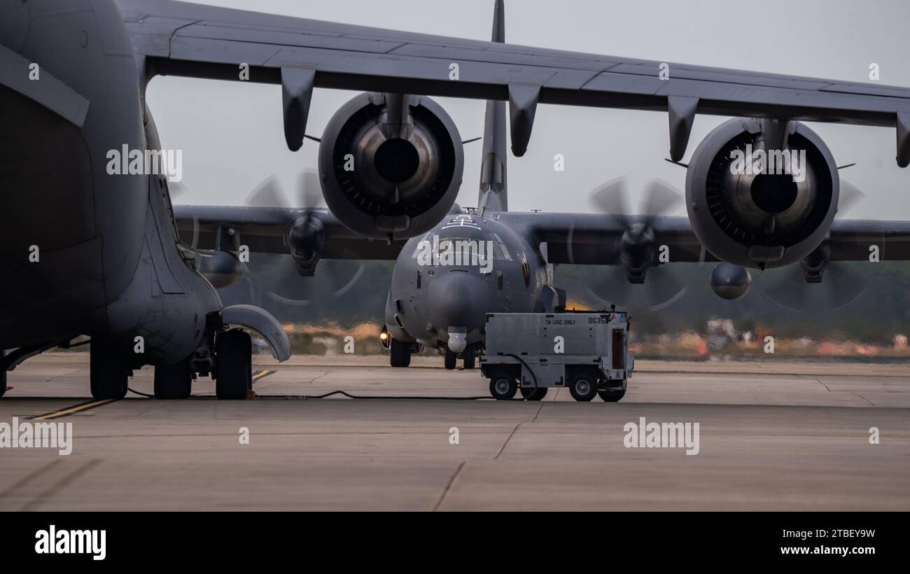 A U.S. Air Force AC-130J Ghostrider gunship taxis on the flightline at ...