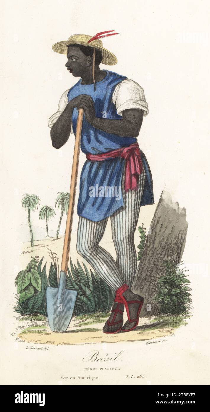 African enslaved plantation worker, Brazil, c.1830. In straw hat, tunic ...