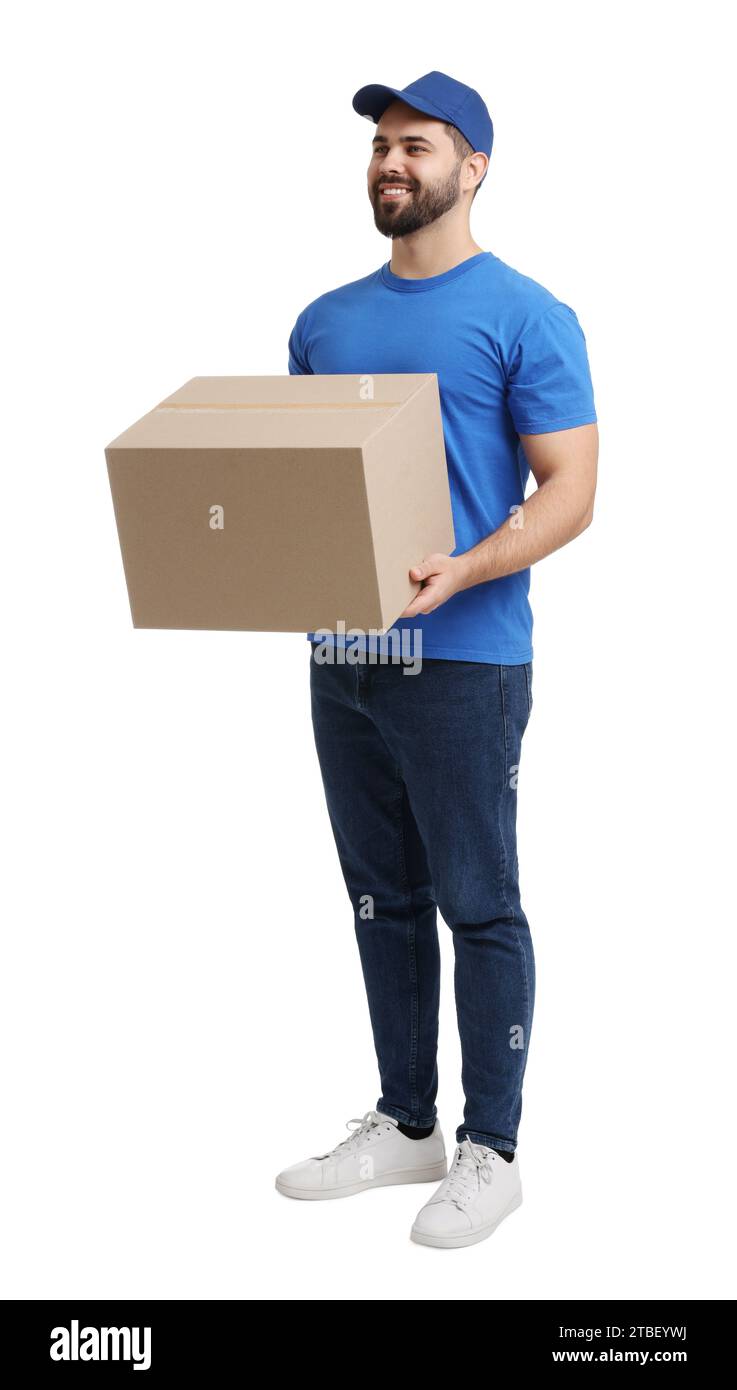 Happy courier with parcel on white background Stock Photo - Alamy