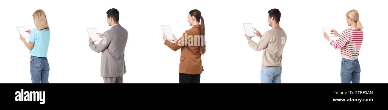 People using tablet on white background, set of photos Stock Photo - Alamy