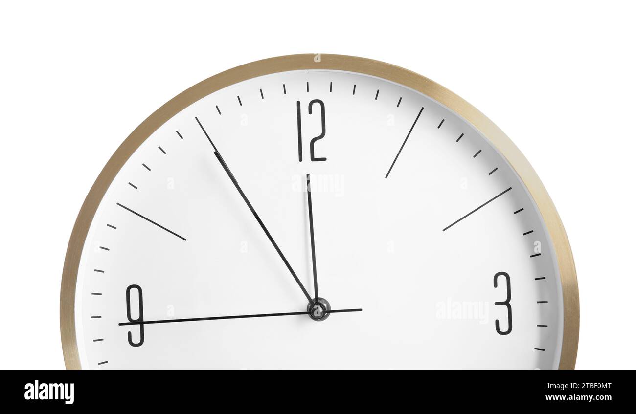 Clock showing five minutes until midnight on white background, closeup ...