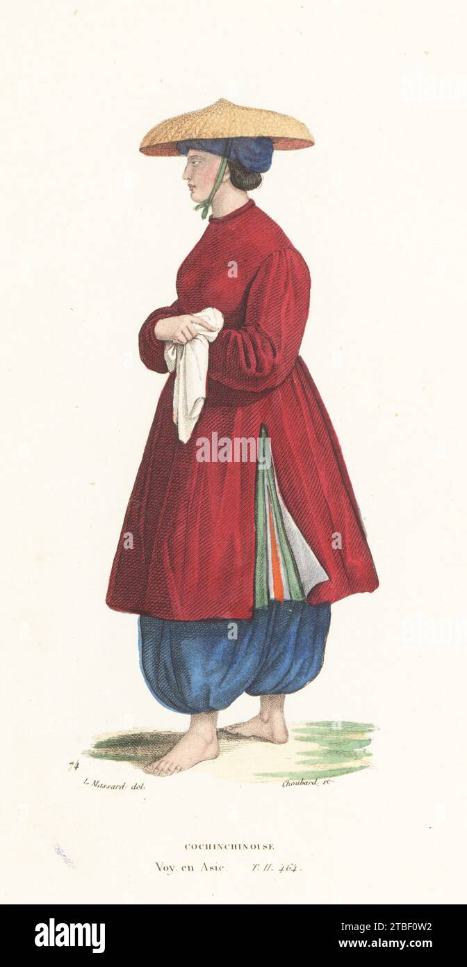 Costume of a Vietnamese woman. In straw hat over turban, multiple robes ...